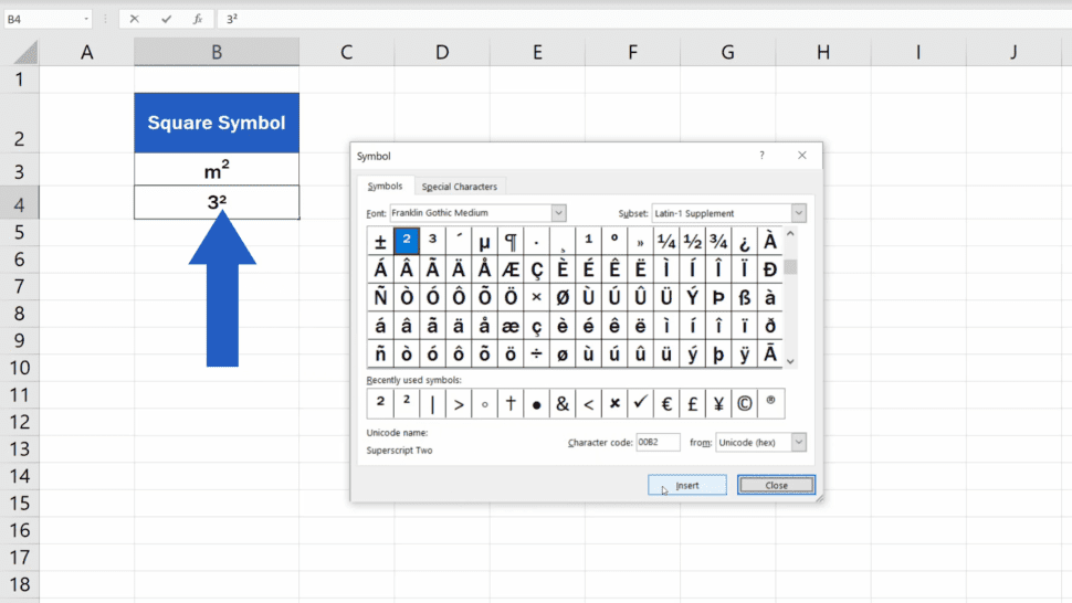 How to Write the Squared Symbol in Excel
