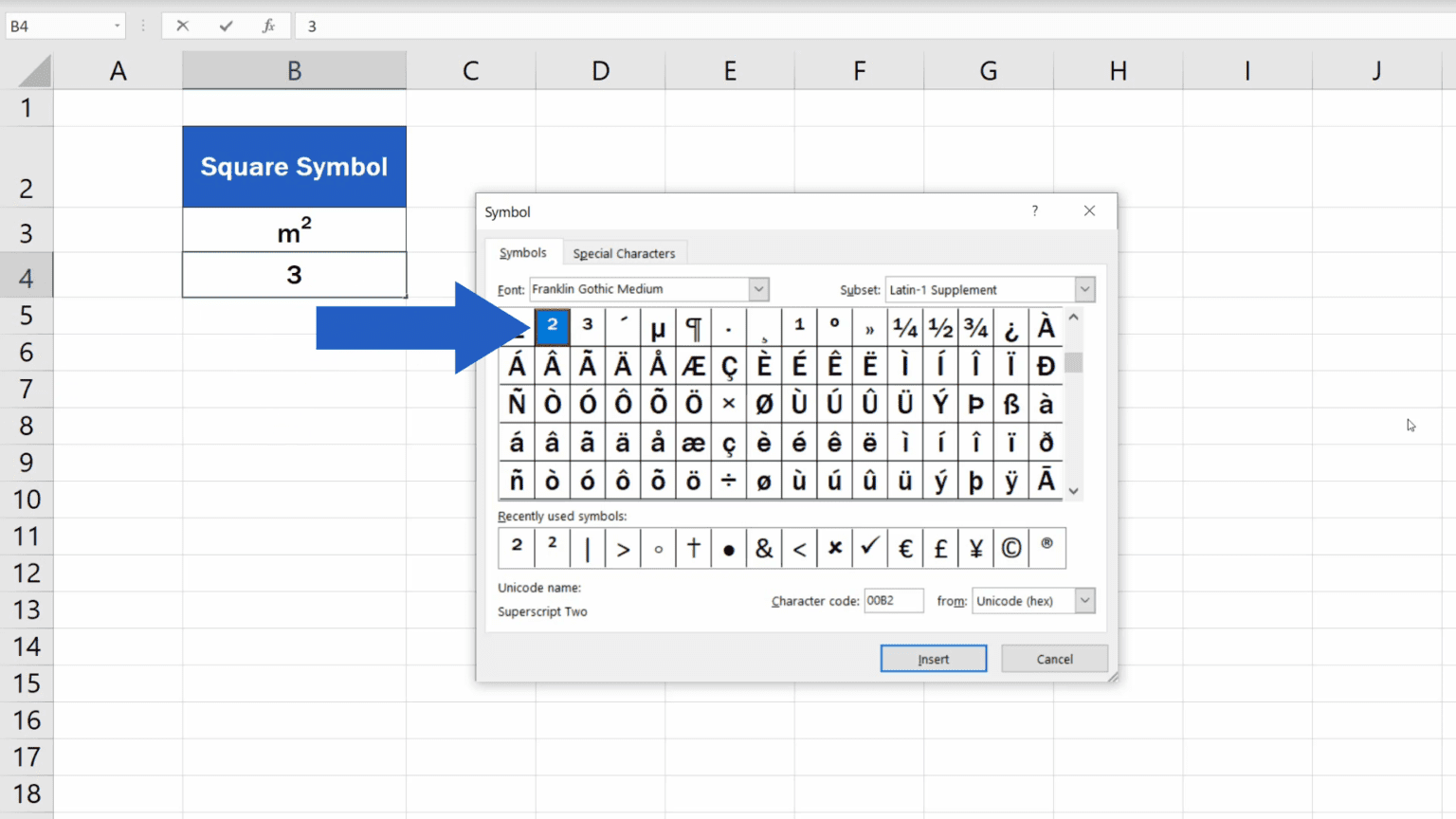How to Write the Squared Symbol in Excel