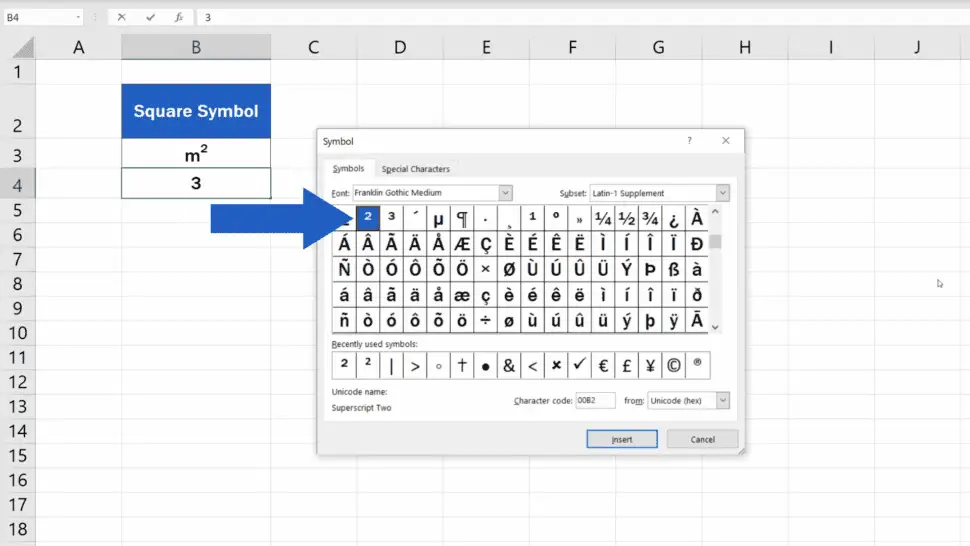 How to Write the Squared Symbol in Excel