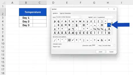How to Insert the Degree Symbol in Excel