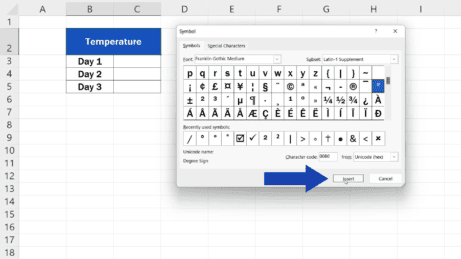 How to Insert the Degree Symbol in Excel